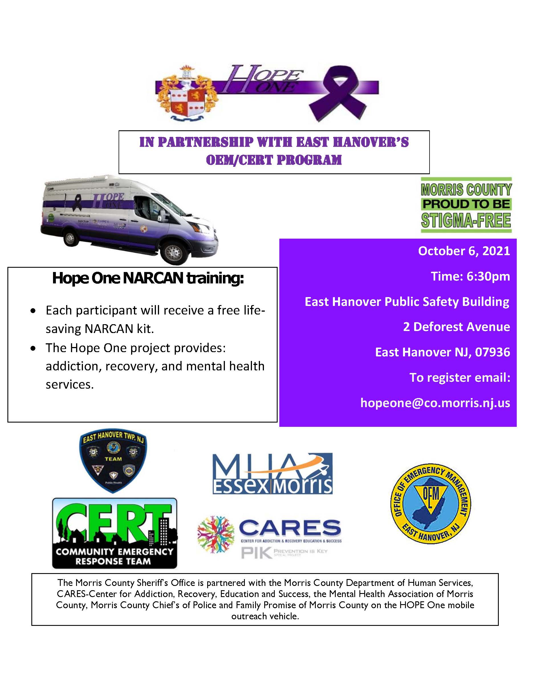 Hope One NARCAN Training at Rockaway Midway: 7pm – Morris County, NJ